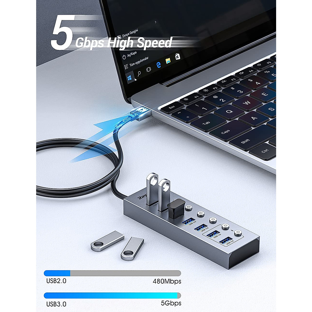 Powered USB 3.0 Hub, Aluminum 7-Port USB Data Hub Splitter with 5V/3A AC Adapter and Individual On/Off Switches, USB Hub Powered Charging for MacBook Pro/Air, PC, Laptops, Surface Pro,HP, etc