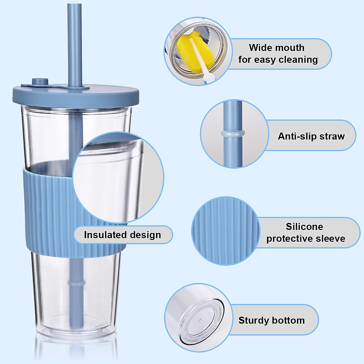 AiDrink 24 OZ Plastic Tumbler with Lid and Wide Straw Reusable Boba Cup Iced Coffee Iced Tea Smoothie to Go Cup Clear Insulated Double Wall Tumbler Leak-Proof Travel Mug for Adults (Purple)