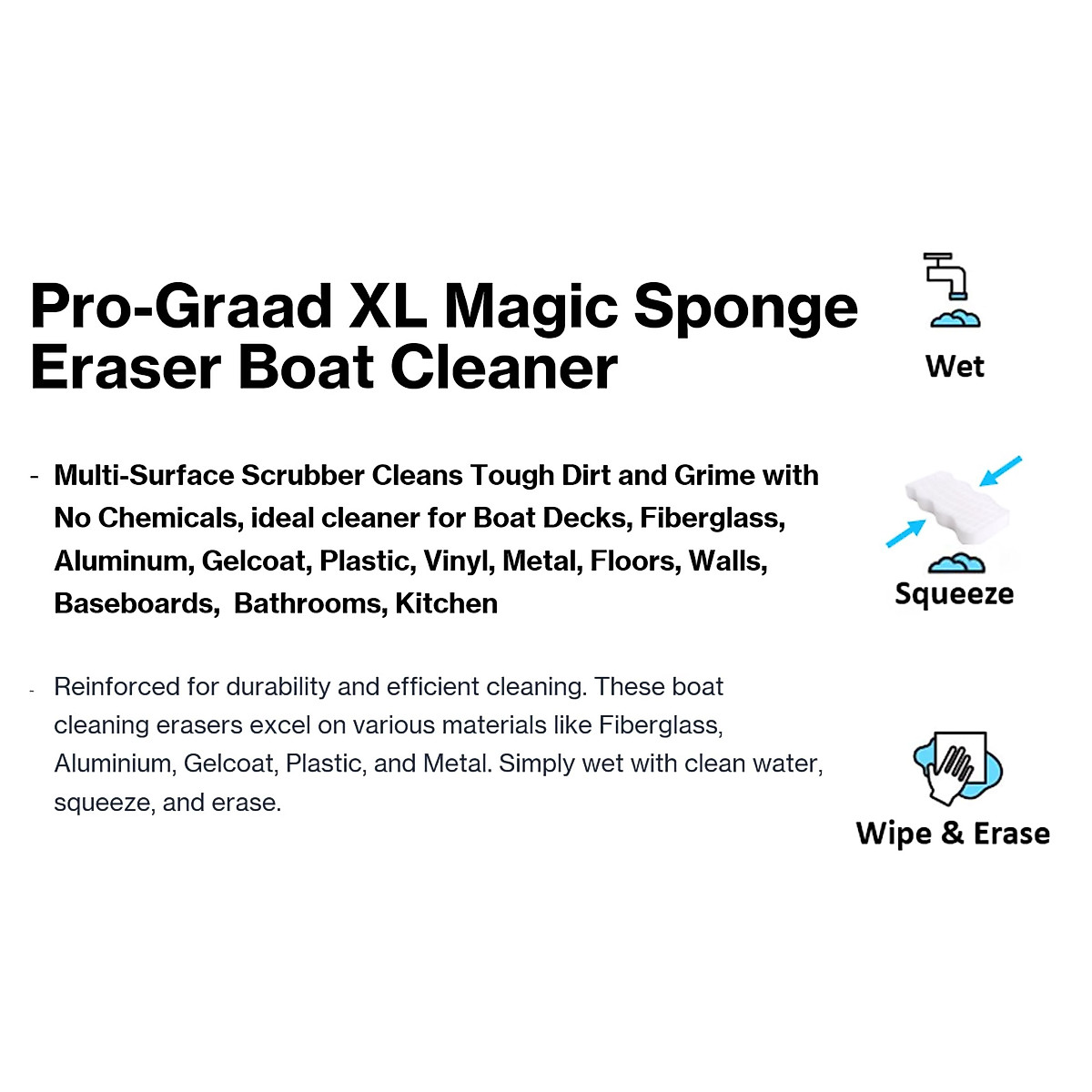 Pro-Graad 4 Pack XL Magic Sponge Eraser Cleaner, 6” x 3.5” x 2” Eraser Pads, Cleans Scuffs, Marks & Dirt from Kitchen, Bathroom, Boat Decks, Fiberglass, Aluminum, Gelcoat, Plastic, Vinyl & Metal