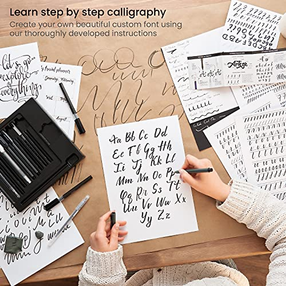 ARTEZA Hand Lettering Pens, 12-Piece Calligraphy Set for Beginners, 5 Micro-Line Pens, 2 TwiMarkers, Gel Pen, Bullet Marker, Pencil, & Eraser, Art Supplies with a Guidebook
