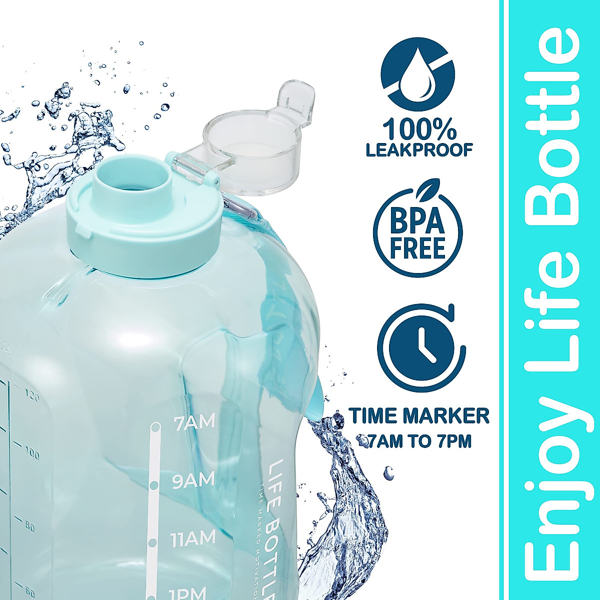 Life Bottle 1 Gallon Water Bottle with Straw Lid and Chug Lid, Big Leakproof Water Jug with Time Marker, No Quotes. 128 oz Water Bottle with Handle and Straw, BPA Free