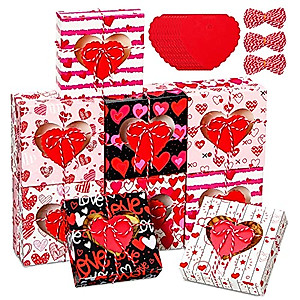 48 Pcs Valentines Day Gift Boxes Heart Shaped Transparent Window Treat Box 5 x 5 x 1.4 Inch Mini Kraft Boxes Small Goodie Boxes with Tags and Ropes for Candy Chocolate Bakery Cookies Soap Packaging