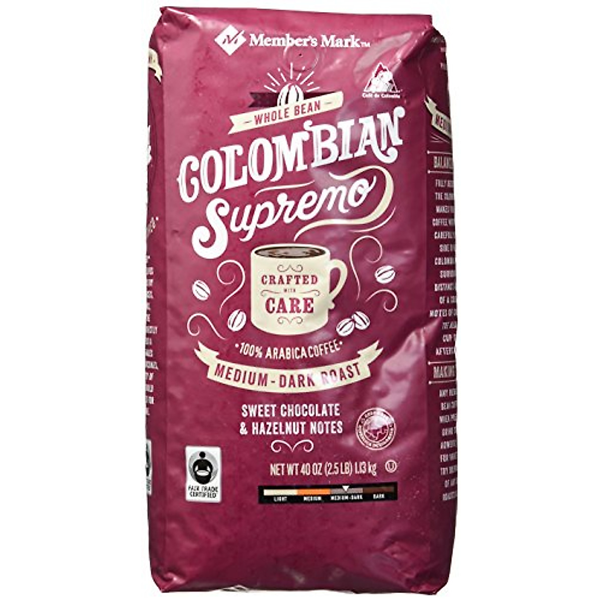 Member's Mark Colombian Supremo Whole Bean Coffee (40 OZ), Sweet Chocolate & Hazelnut Notes, 40 oz, Medium Dark Roast