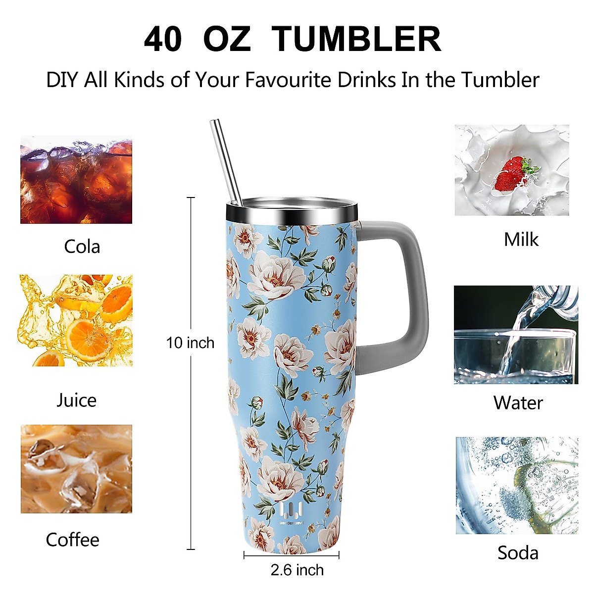 40 oz Insulated Tumbler for Women, Birthday Gifts for Women, Personalized Leakproof Tumblers with Flower, Double-Wall Vacuum Travel Mug with Handle Stainless Steel Straw and silicone sleeves (Blue)