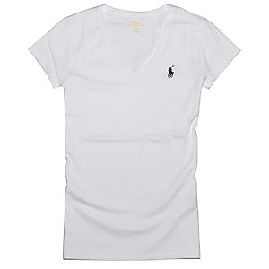 Polo Ralph Lauren Women Cotton V-neck Logo Tee (L, White)