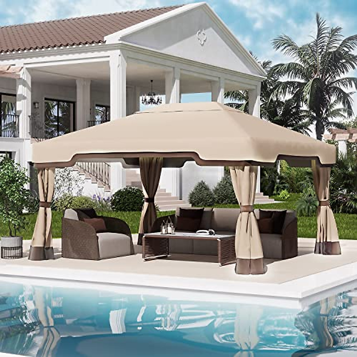 BPS 12‘x14’ Patio Gazebo Aluminum Outdoor Tent Shelter Canopy with Privacy Curtain and Netting for Patio, Garden, Yard and Lawn