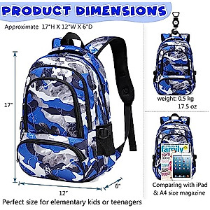 BLUEFAIRY Kids Backpack Boys Elementary School Bags Primary Middle School Book Bags for Teens Kindergarten Sturdy Waterproof Lightweight Durable Travel Gifts 17 Inch Ages 6-12 (Camo Blue)