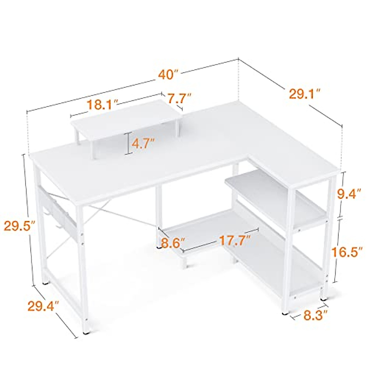 ODK L Shaped Computer Desk with Reversible Storage Shelves, 40 Inch Corner Desk with Monitor Stand for Small Space, Modern Simple Writing Study Table for Home Office Workstation, White