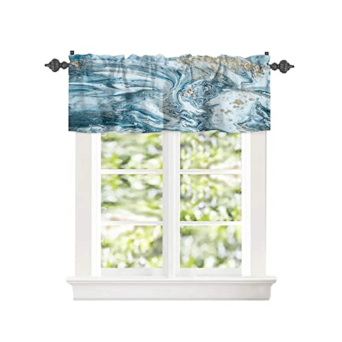 DoremiHome Marble Liquid Abstract Art Window Valance Rod Pocket Curtain Valance for Kitchen/Living Room,Blue White Gold Gradient Short Curtain Panels Window Treatment Decor Curtains 54x18in