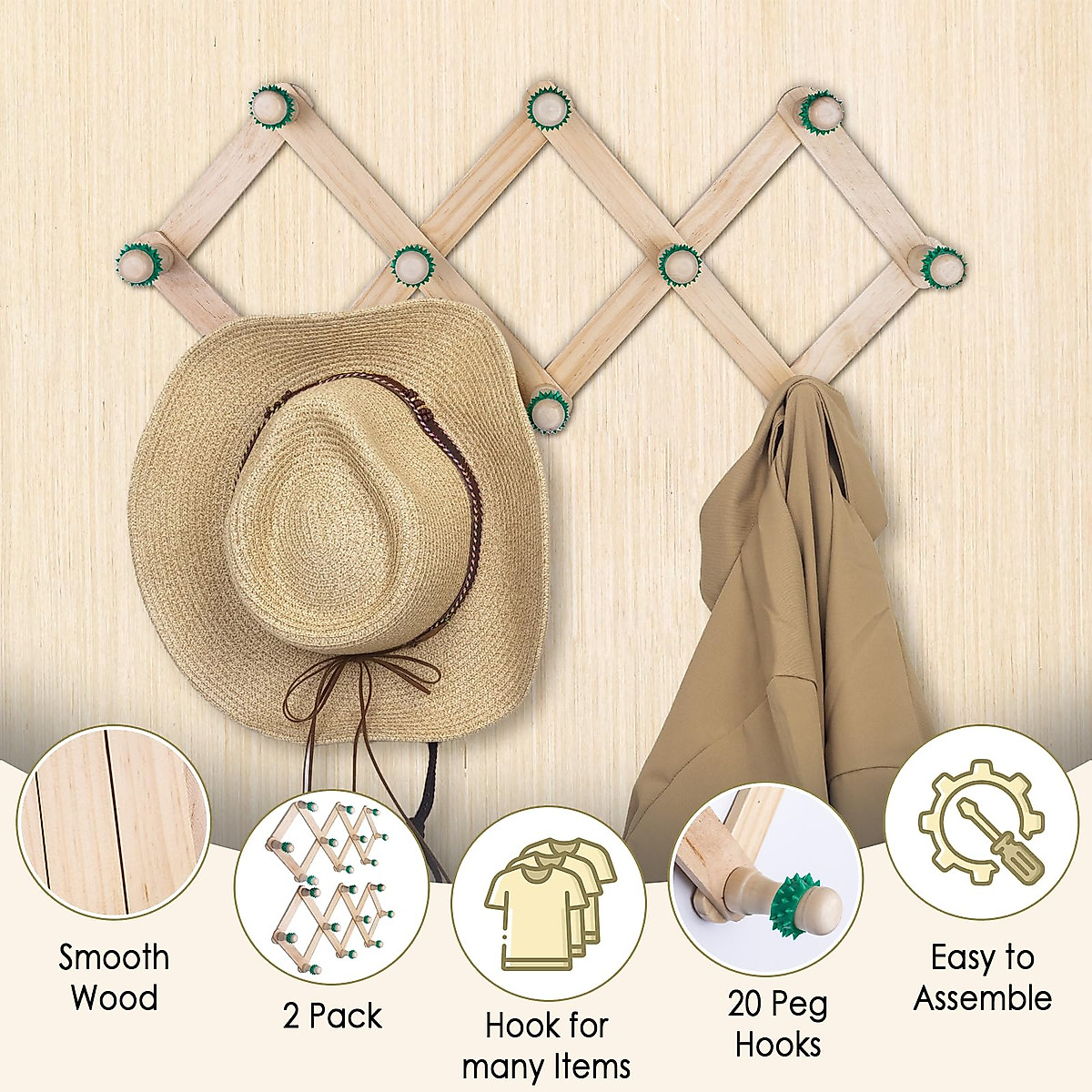 Wooden Expandable Accordion Wall Hanger,2 Pack Including 20 Peg Hooks,Perfectly Hook for Coats, Mugs,Coffee, Coat,Keys, Hat Rack,X Shap,Make Living Room Decorative and Neat,Rustic Style (White)