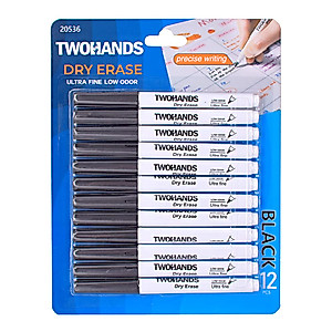 TWOHANDS Dry Erase Markers Ultra Fine Tip,0.7mm,Low Odor,Extra Fine Point,Black,Whiteboard Markers for kids,School,Office,Home,or Planning Whiteboard,12 Count,20536