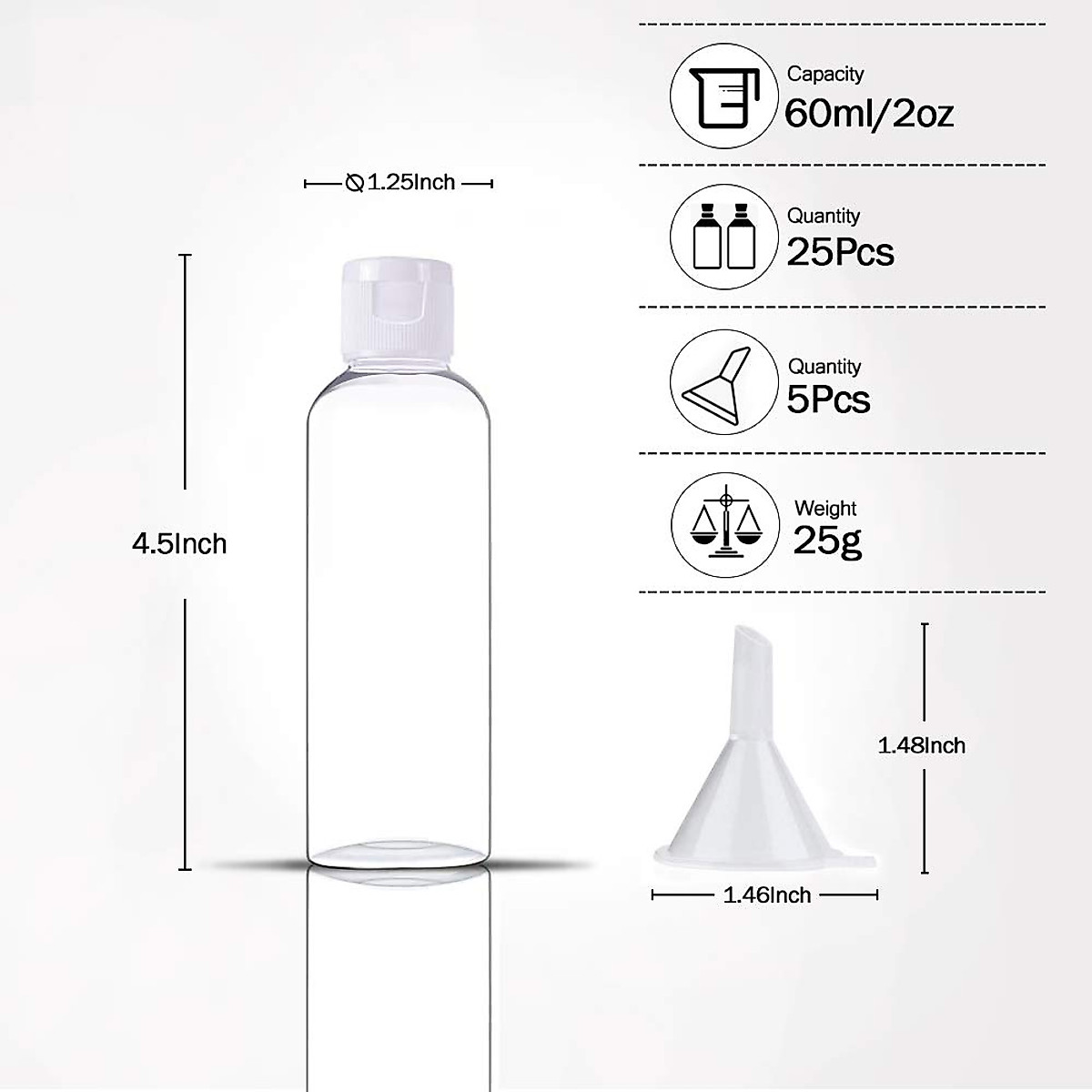 YsesoAi 25Pcs 2 oz Clear Plastic Empty Bottles Travel Containers with Flip Cap for Toiletries Liquids Shampoo Lotion Conditioner (White Cap)