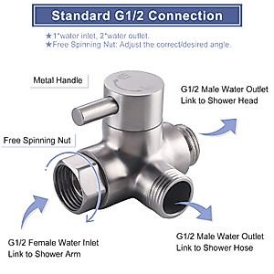 All Metal Shower Arm Diverter Valve for Hand Held Showerhead And Fixed Spray Head, G1/2 3-Way Bathroom Universal Shower System Component Replacement Part, Brushed Stainless Steel