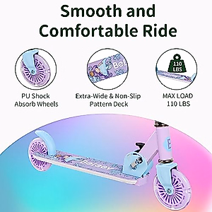 BELEEV Scooters for Kids Ages 3-12 with Light-Up Wheels & Stem & Deck, 2 Wheel Folding Scooter for Girls Boys, 3 Adjustable Height, Non-Slip Pattern Deck, Kick Scooter for Children (Purple)