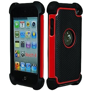 iPod Touch 4 Case, Bastex Hybrid Slim Fit Black Rubber Silicone Cover Hard Plastic Red & Black Shock Case for Apple iPod Touch 4, 4th Generation