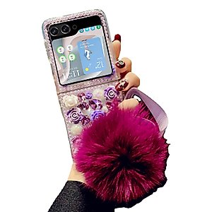 for Samsung Galaxy Z Flip 5 Case,Samsung Flip 5 Case Cute Bling Diamond Girly Design,Galaxy Flip 5 Case 3D Handmade Pearl Rose Flower with Wrist Lanyard,Flip 5 Phone Case for Women Girls (Purple)