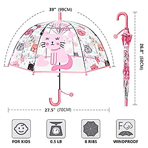 RONIARE Kids Umbrella Clear Bubble Umbrellas for Rain,Safety Dome Windproof Umbrella for Kid Girls and Boys(Cat Pink)
