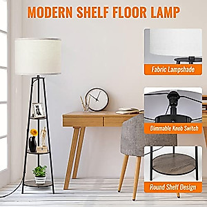 Floor Lamp, 3-Tier Round Corner Shelf Floor Lamp with 3 Dimmable Levels - Simple Standing Lamp with White Fabric Shade, Tall Modern Floor Lamps with Shelves for Bedroom, Living Room and Office