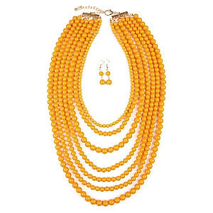 RIAH FASHION Multi Layer Beaded Bubble Statement Necklace - Round Ball Chunky Drape Bib Collar 7 Strands (7 Strand Long - Mustard Yellow)