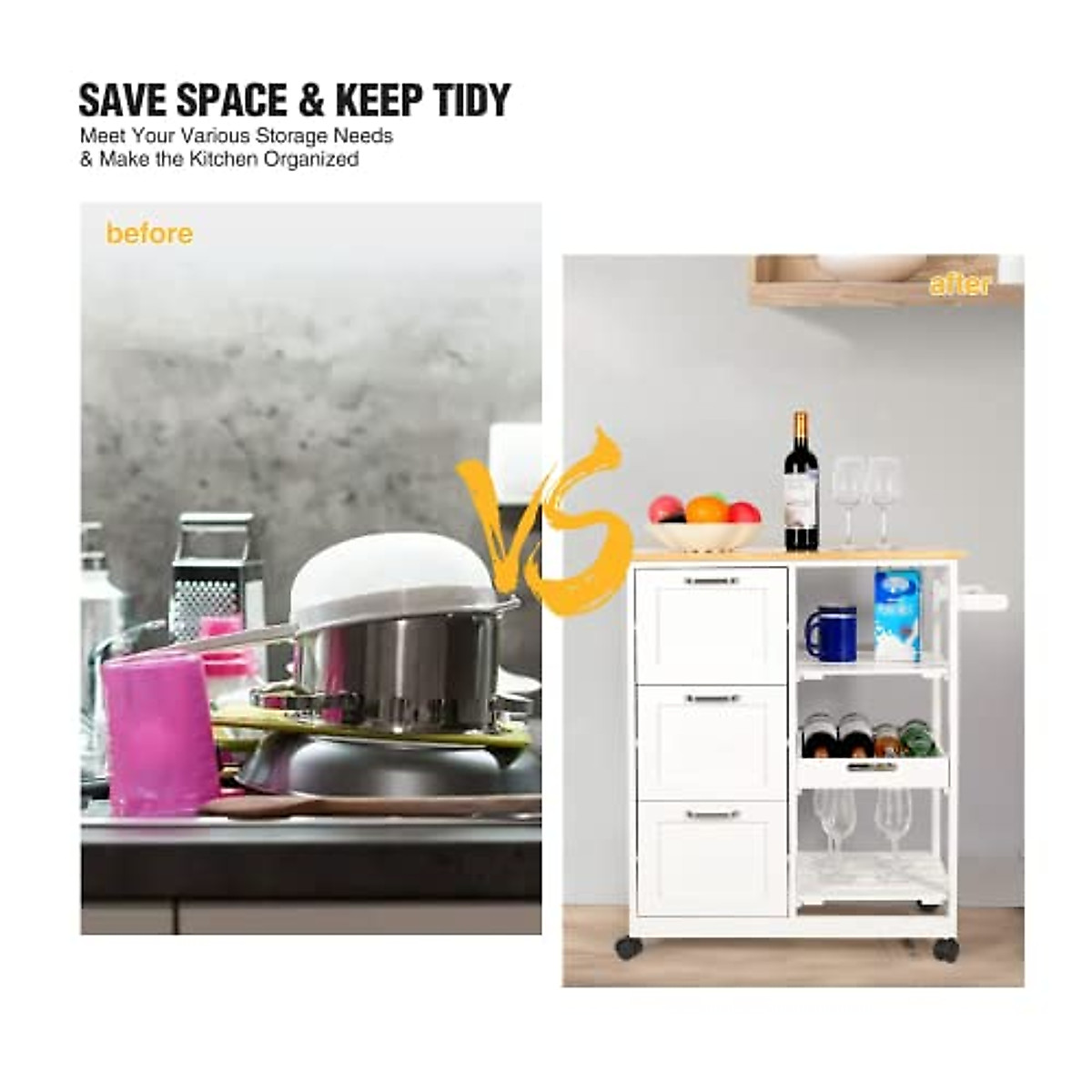 AKVOMBI Rolling Kitchen Island Cart with Wood Countertop, White Kitchen Trolley Carts on Wheels with 3 Drawers, Towel Rack, Adjustable Shelves