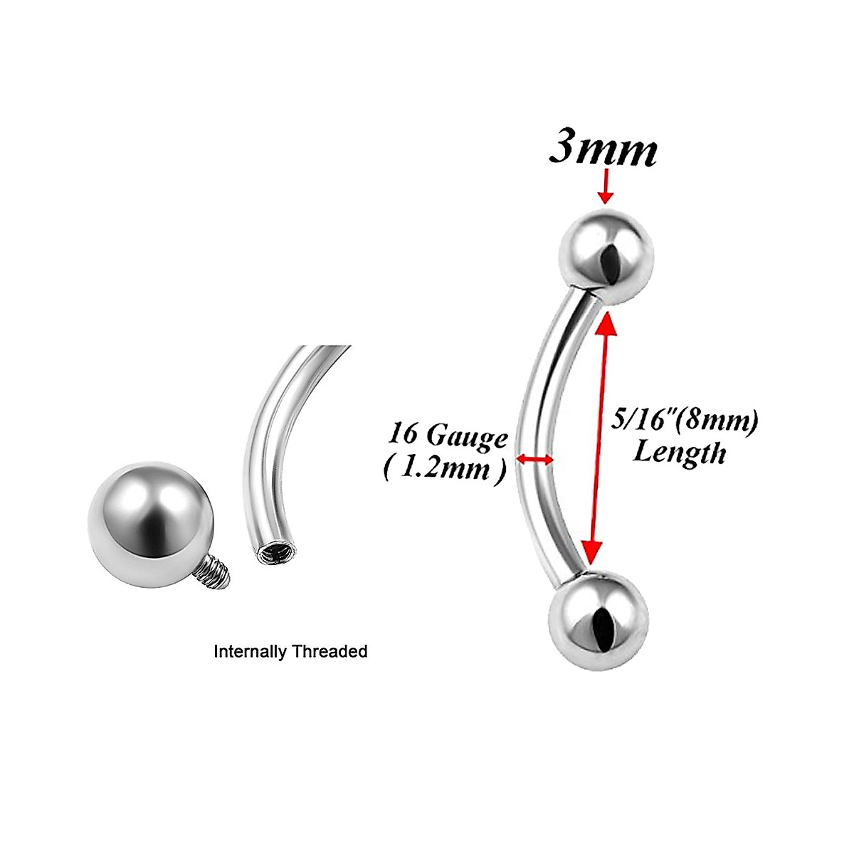 bodyjewellery 2pcs 16g Internal Thread Curved Barbell Cartilage Lip Tragus Eyebrow Helix Conch Stud Surgical Steel Labret Stud - 8mm