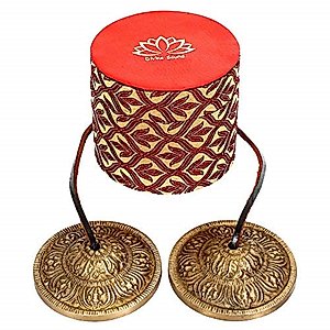 Divine Sound Tingsha Cymbals -Holy Buddha Lotus Symbol engraved Beautiful Gift Box for Meditation,Pray,Yoga,Sound healing, 7.6cm / 3" Nepal Tingsha Bell with Lather Strap Brass