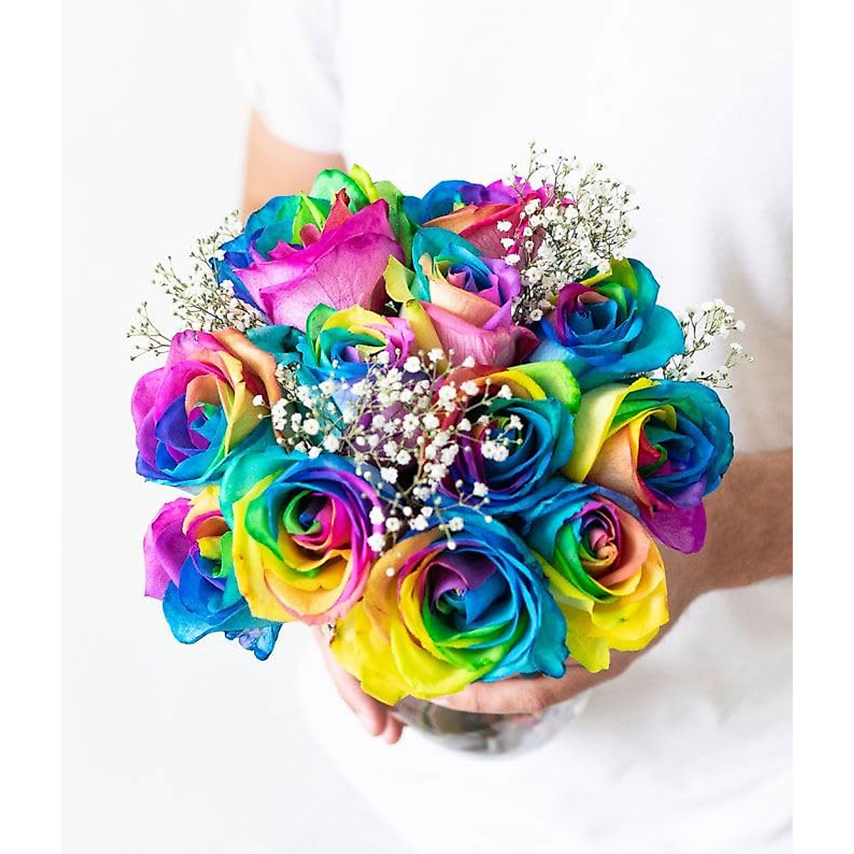From You Flowers - One Dozen Wild Rainbow Roses with Glass Vase (Fresh Flowers) Birthday, Anniversary, Get Well, Sympathy, Congratulations, Thank You