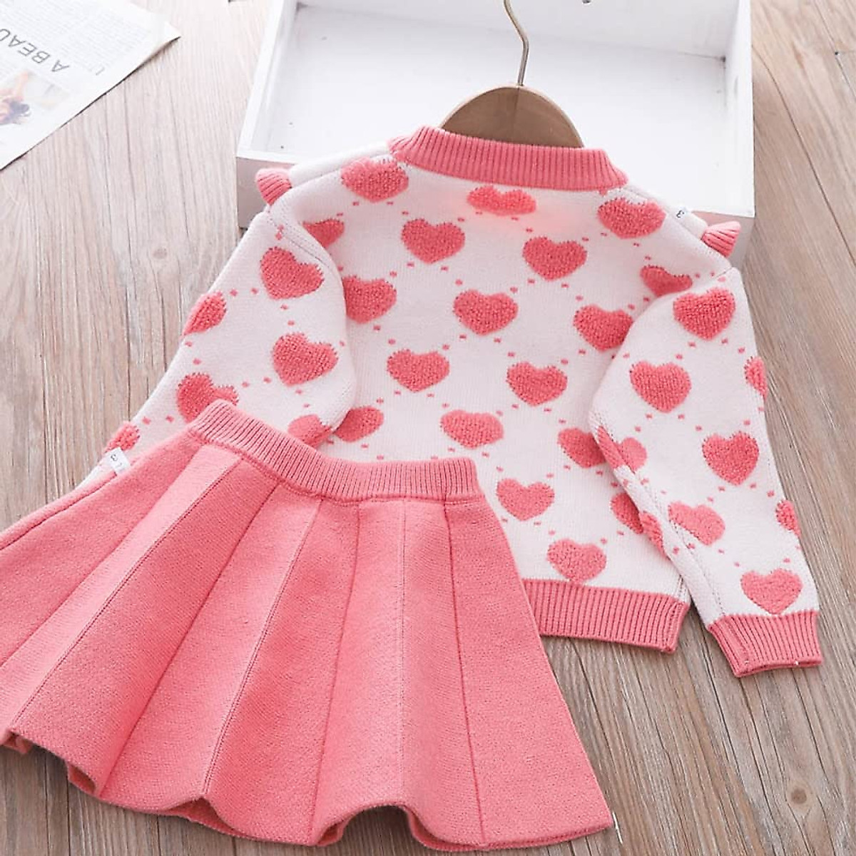 2pcs Toddler Kids Baby Girl Clothes Set Tweed Plaid Long Sleeve Button Top Coat Pleated Mini Tutu Skirts Winter Autumn Outfits Little Girls Sweater Sets Suéter de Niña Pequeña Pink Heart 18-24Months
