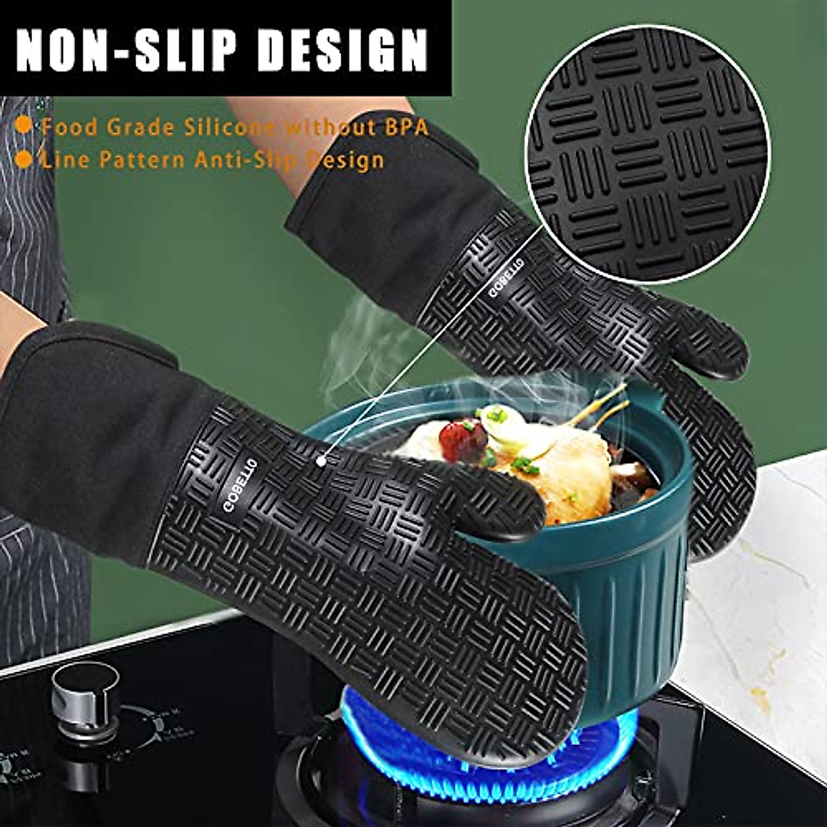 GOBETTO 6-Piece Silicone Oven Mitts and Pot Holders Sets, 15-inch Extra Long Heat Resistant Oven Gloves with Cast Iron Handle Cover Holders and Hot Pads for Kitchen Cooking Baking Grilling (Black)