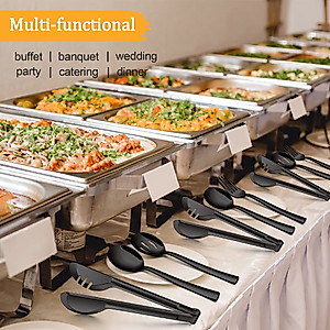 LIANYU Black Serving Utensils Set of 8, Stainless Steel Serving Spoons, Slotted Spoons, Serving Forks, Metal Tongs for Kitchen Buffet Party Banquet Entertaining, Mirror Finished, Dishwasher Safe