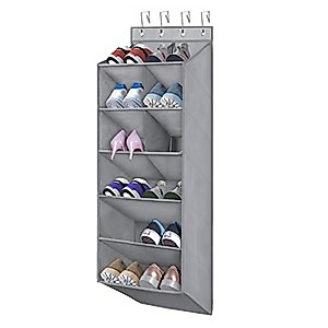 coastal rose Over The Door Shoe Organizer, 6-Tier Shoe Rack for Closet Door with Large Deep Pockets & 4 Metal Hooks, Hanging Storage Organizer for Baby Diaper, Shoe, Closet, Bathroom, Nursery, Gray