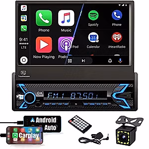 Single Din Car Stereo Player Compatible with Apple Carplay & Android Auto–7 Inch Flip Out Touchscreen Car Radio with Bluetooth| Mirror Link| Backup Camera| USB/SD/AUX Input| AM FM| Subwoofer| DSP