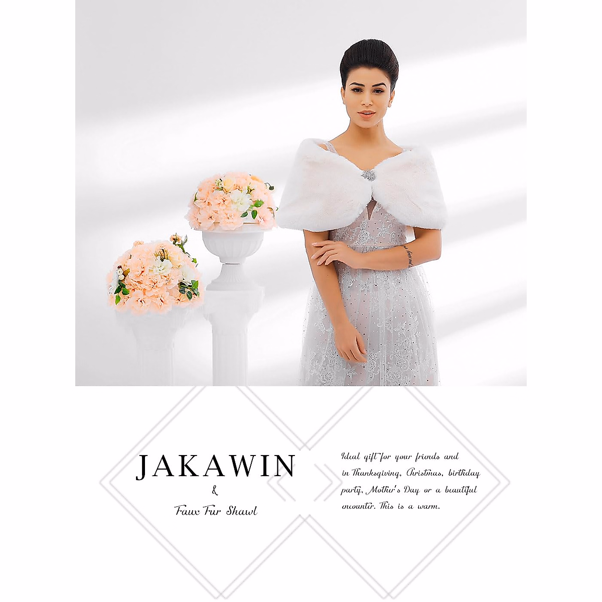 JAKAWIN Women’s Faux Rabbit Fur Wraps and Shawls Bride Wedding Fur Stole Bridal Fur Shrug for Women (S-M,White)