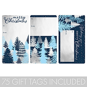 Silver Foil and Blue Christmas Tags, 75 Count, Blue and Silver Christmas Tree Gift Wrap Tags, Self Adhesive Peel and Stick Christmas Gift Tags, Blue Wrapping Paper Supplies