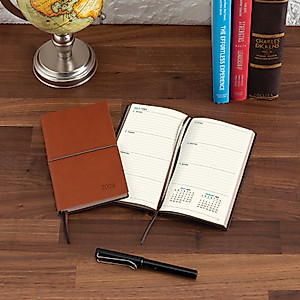 2024 Planner/Pocket Calendar 4"x7": 14 Months (Nov 2023 - Dec 2024) Weekly, Monthly Calendars, Leather Material, Elastic Closure, Decorative Stitching, Page Finder Ribbons and Notes Pages(Brown/Black)