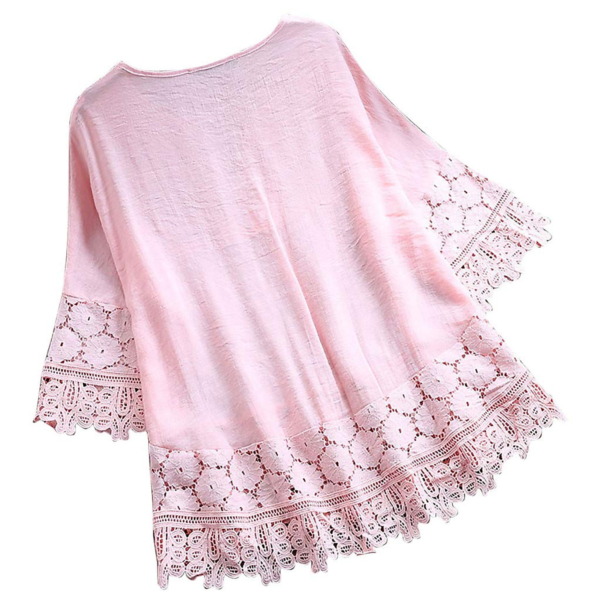 Aniywn Women Round Neck Lace Up Lace Patchwork Flare Pullover Top Casual Plus Size 3/4 Sleeve Floral Printed T-Shirt Pink