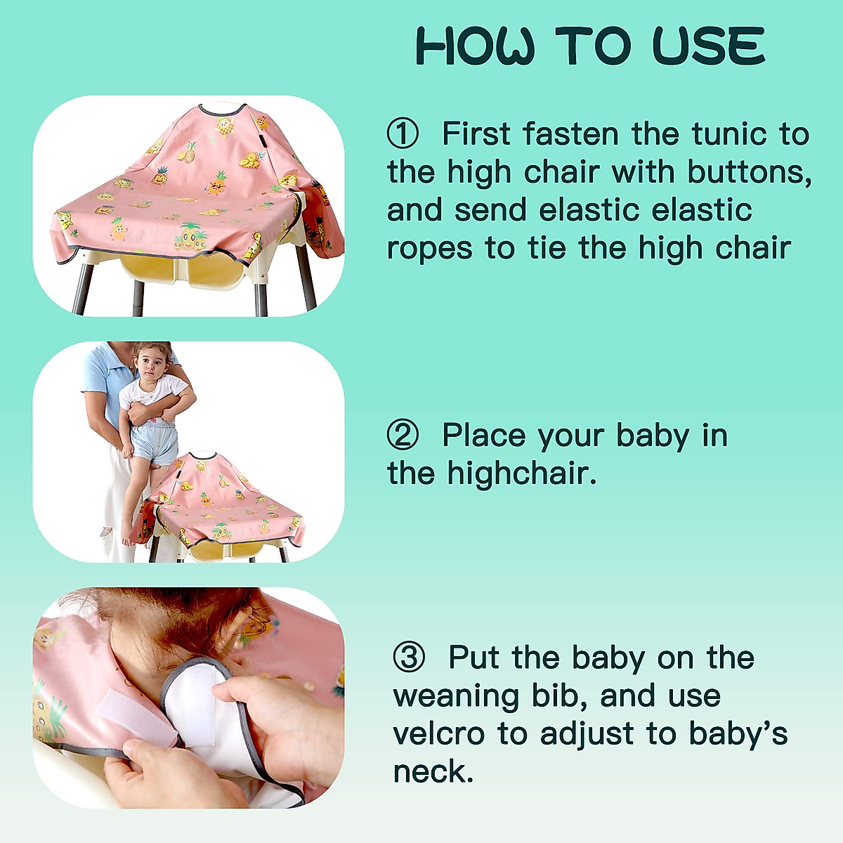PewinGo Weaning Bib & BLW Attaches and Fully Cover to Baby Highchair, Long Sleeves Bib with Waterproof, Machine Washable & Comfortable,Easy to Clean, Suitable for Baby Infant-Pink