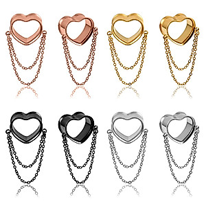 DOEARKO 2 Pcs Ear Gauges Simple Style Tunnels Dangle Plugs with Chain Elegant Stretchers Hypoallergenic Stainless Steel Body Jewelry (14mm(9/16"), Black Heart)