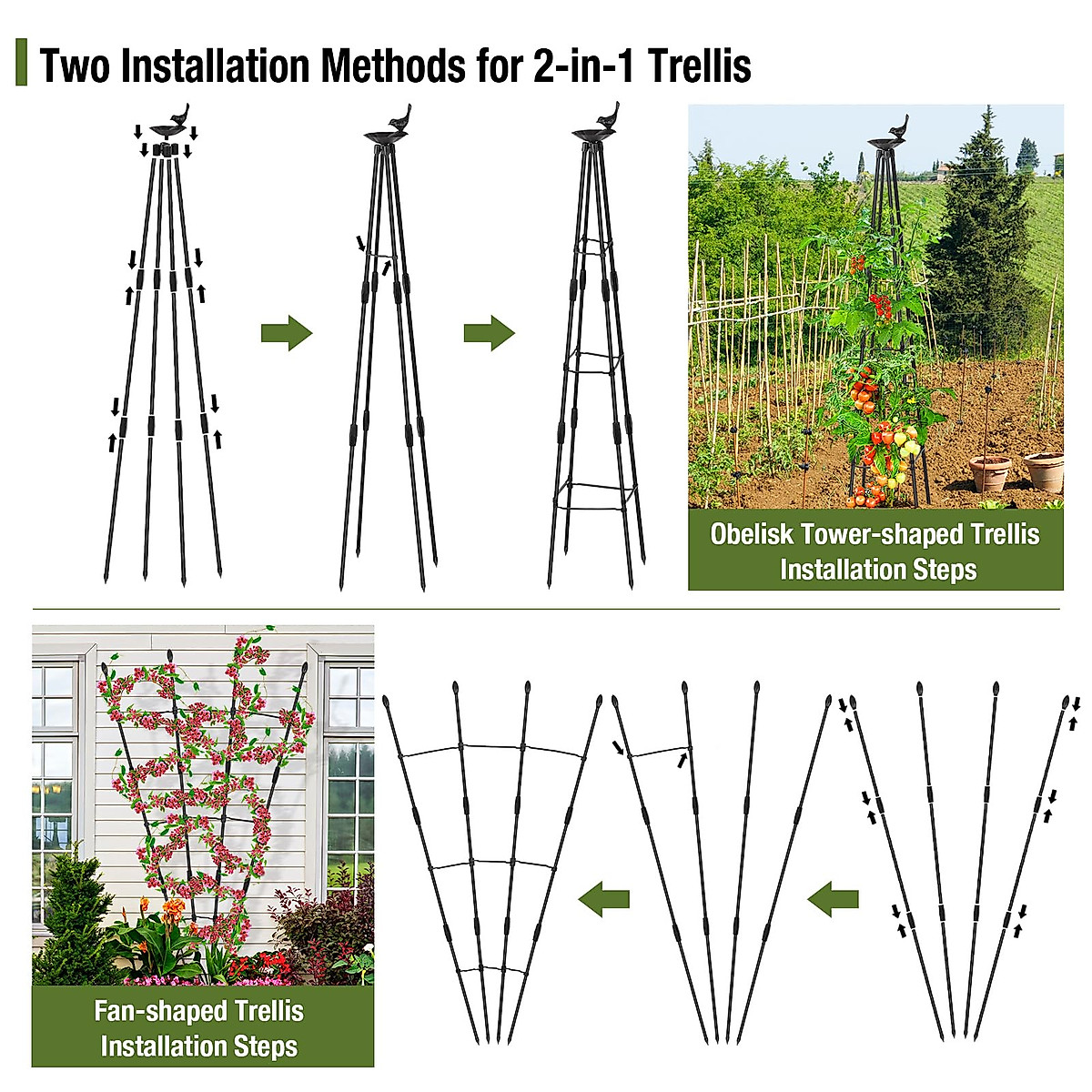 Yeghujar 2Packs 2-in-1 Trellis for Climbing Plants Outdoor Indoor, 47 in Garden Plant Climbing Trellis for Potted Plants, Flowers, Tomato Vegetables, Tower Obelisk & Fan-Shaped Plant Support Trellis