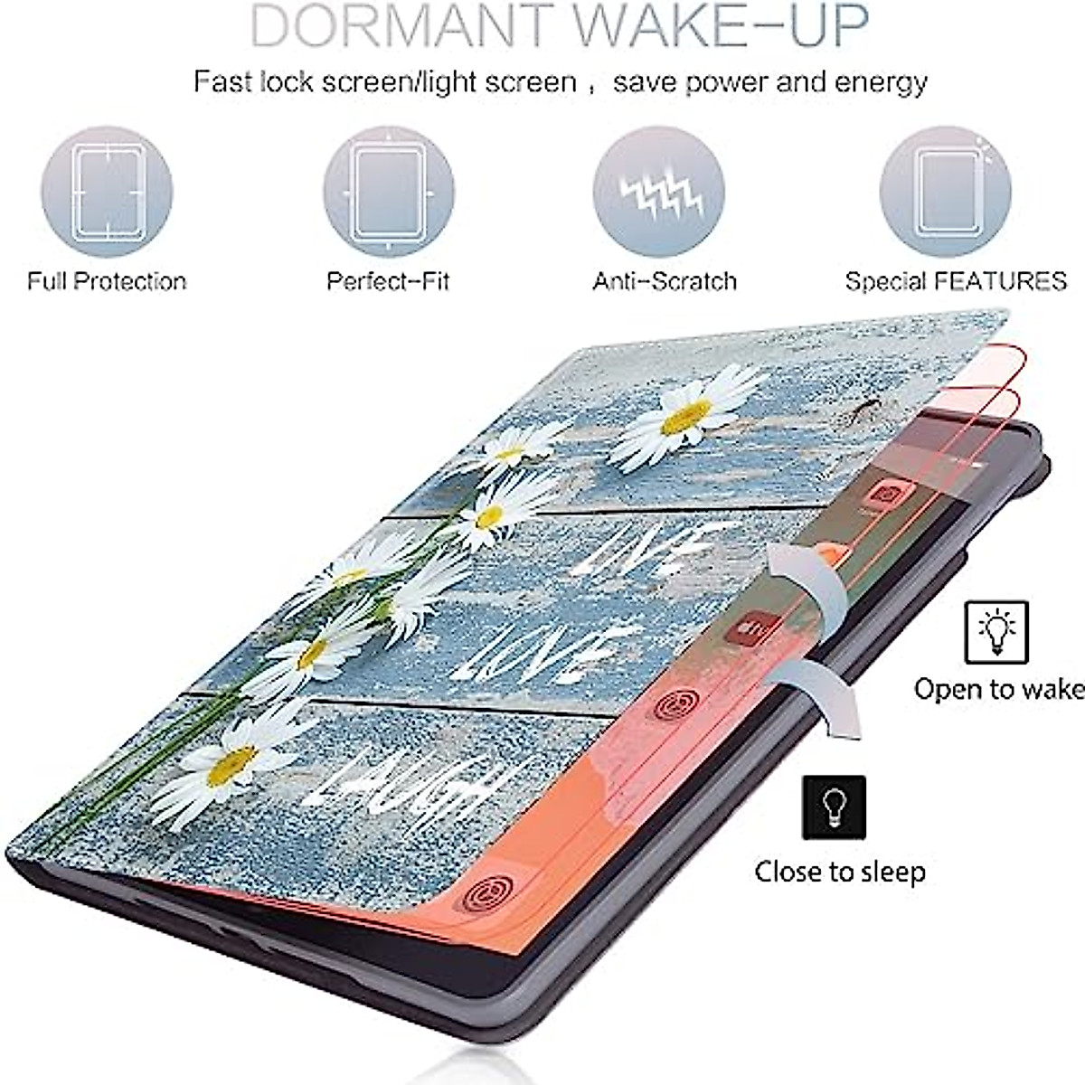 Case for Samsung Galaxy Tab A8 10.5 Inch 2022 Model (SM-X200/X205/X207), Galaxy Tab A8 10.5 Tablet Cover, Slim Folding Stand Cover with Auto Wake/Sleep, White Daisy Live Love Laugh Wooden Board