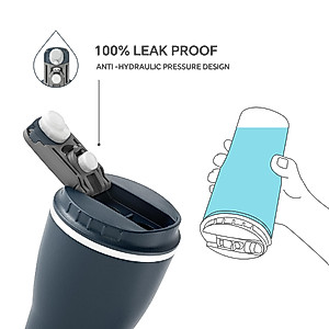 Ideus 14oz Stainless Steel Leak Proof Tumbler, Insulated Coffee Mug with Lid and Straw, Spill Proof Travel Coffee Cup, Double Wall Vacuum Flask for Adult Men and Women, Navy Blue