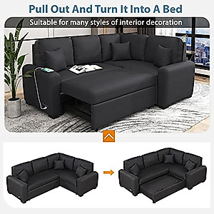 3 in 1 Convertible Sectional Sofa with Pull Out Bed , 87.4" L Shaped Corner Couch with USB Charging Ports & Plug Outlet , Breathable Linen Fabric Conversion Sofabed for Living Room Office Furniture