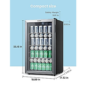 COMFEE' CRV115TAST Cooler, 115 Cans Beverage Refrigerator, Adjustable Thermostat, Glass Door With Stainless Steel Frame, Reversible Hinge Door And Legs For Home, Apartment