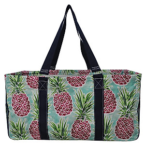 NGIL Extra Large Utility Tote Reusable Grocery Organizing Bag Oversized Collapsible for Storage, Picnic,Car, Beach (Berry Pineapple-navy)