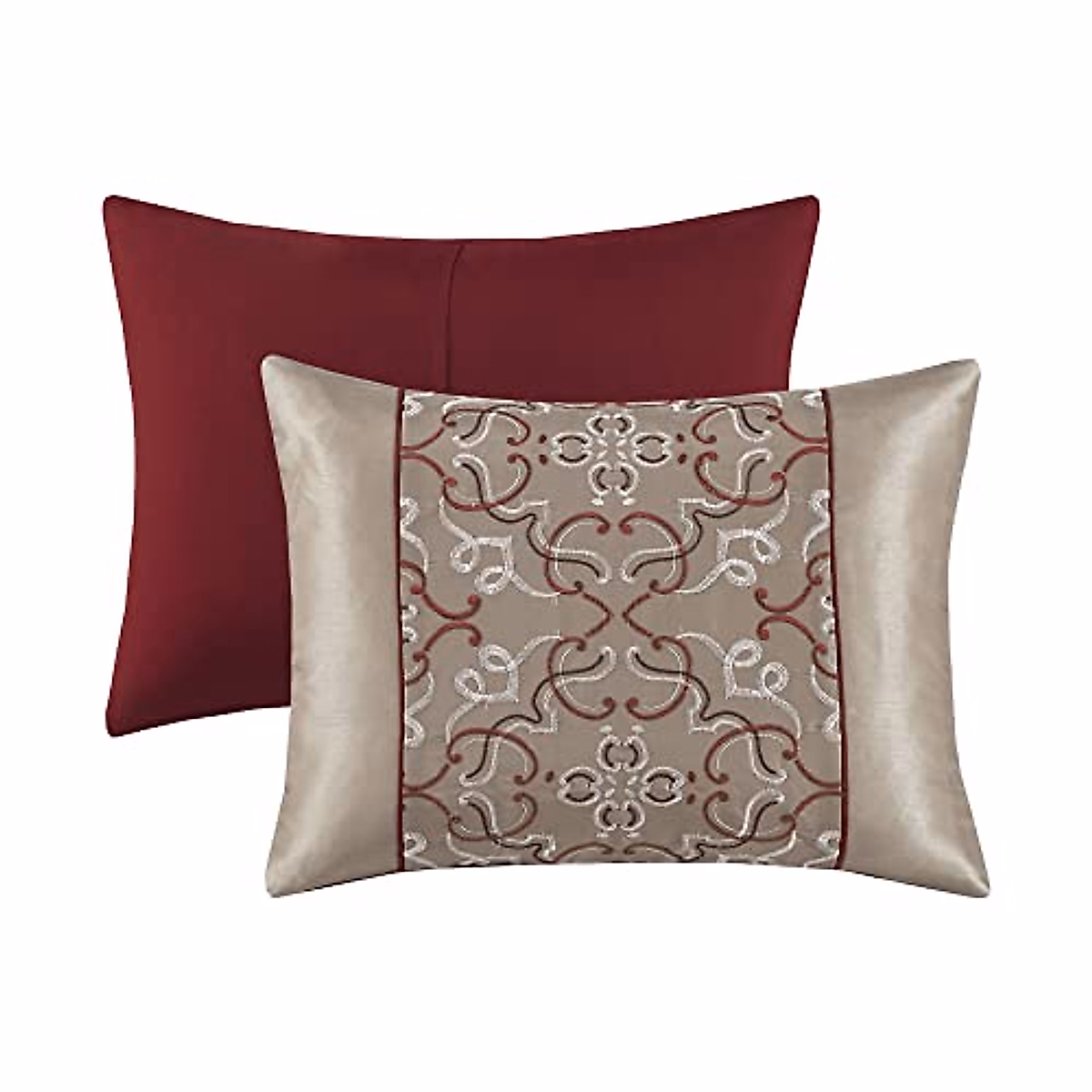 Madison Park Essentials Jelena Room in A Bag Faux Silk Comforter Classic Luxe All Season Down Alternative Bedding, Matching Bedskirt, Curtains, Decorative Pillows, Queen(90"x90"), Red 24 Piece