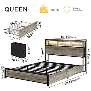 HAUSOURCE Queen Bed Frame with Bookcase Headboard and 2 Drawers LED Lights Metal Platform Non-Slip Without Noise Strong Metal Slats Support No Box Spring Needed (Greige, Queen)