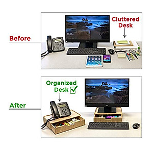 Bamboo Drawer Large, Monitor Stand & Stackable Storage Solution for Office Products pens, Pencils, Scissors, notepads, Business Cards and More