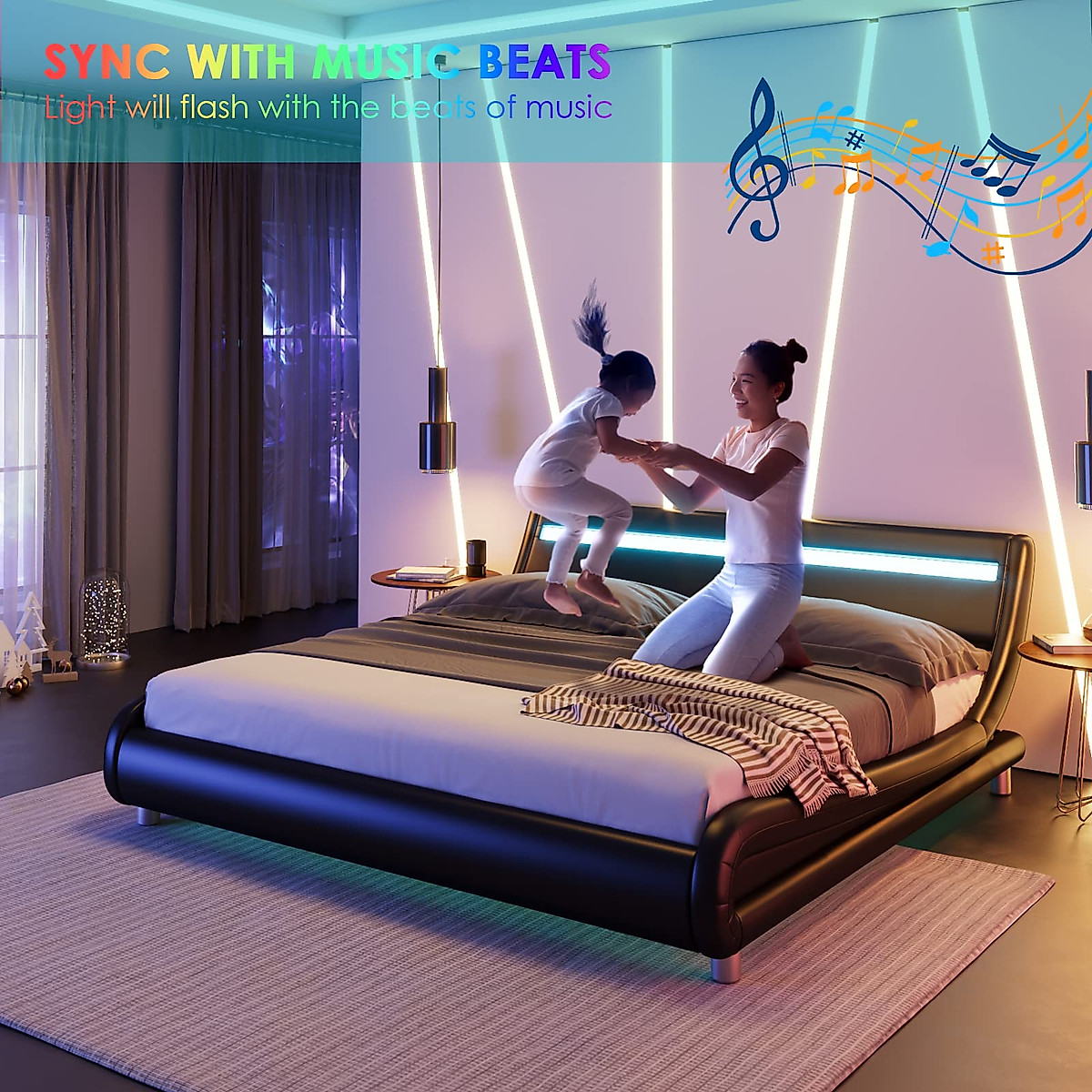 Keyluv Upholstered Full LED Bed Frame with Headboard, Modern Low Profile Platform Bed with Strong Slats Support, Faux Leather Wave-Like Bed Frame, Easy Assembly, No Box Spring Needed, Black