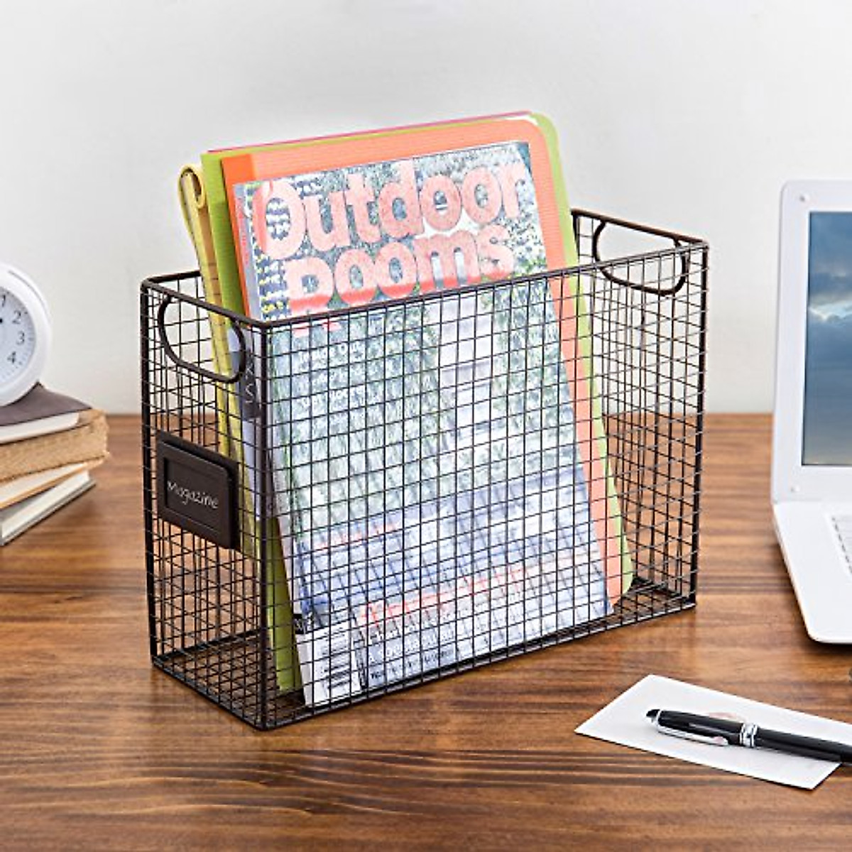 MyGift Mesh Wire Metal Magazine Document Rack with Chalkboard Label Holder, 2-Piece Set (Large and Medium)