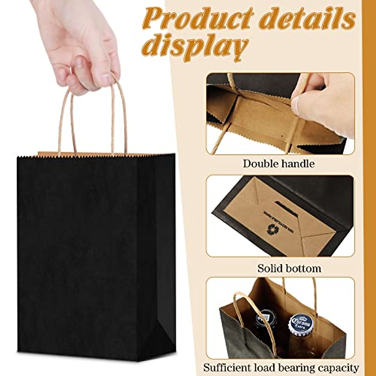 24 Set Gift Bags with Tissues Paper Kraft Favor Bags Goodie Bags Birthday Party Paper Bags for Wedding Baby Shower Christmas Party Supplies (Black)